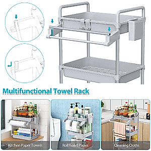 SPACEKEEPER Rolling Storage Cart, 4-Tier Bathroom Organizer Utility Cart Laundry Room Organization Mobile Shelving Unit with Towel Rack, Lockable Wheel, Hooks & Cup for Kitchen Bedroom Office, Grey