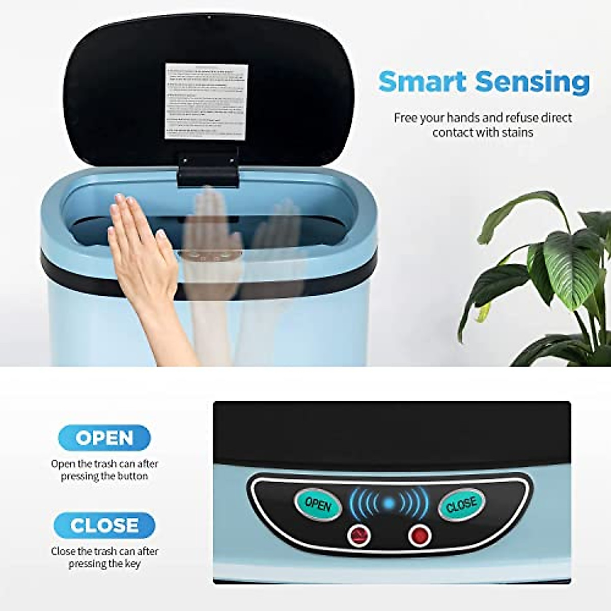 13 Gallon 50 Liter Garbage Can Kitchen Trash Can with Lid Automatic Sensor Touch Free Stainless Steel Waste Bin for Bathroom Bedroom Home Office (Blue)