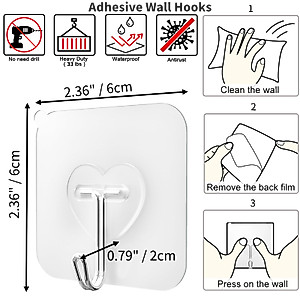 DGYB 20 Pcs Clear Adhesive Hooks for Hanging 22lb Self Adhesive Wall Hooks Heavy Duty Waterproof Transparent Sticky Hooks for Shower Home Bathroom Kitchen Office