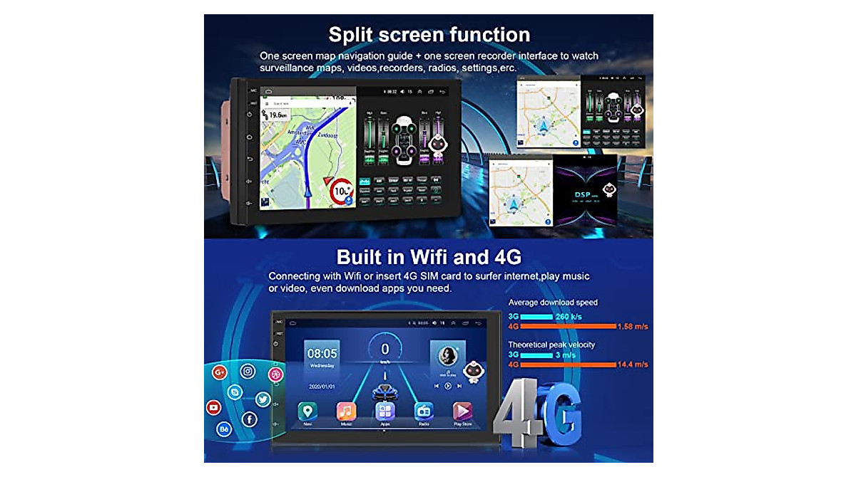 EAKT Android10 Car Stereo 4+64GB Intelligent Voice 7'' Car Radio with Carplay DSP Double Din ...