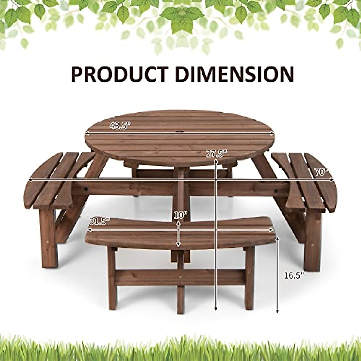 Tangkula 8 Person Wood Picnic Table, Outdoor Round Picnic Table with 4 Built-in Benches, Umbrella Hole, Outside Table and Bench Set for Garden, Backyard, Porch, Patio, 500lbs Capacity Per Bench
