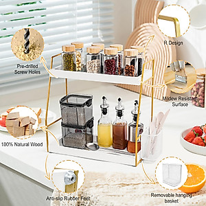 BYT Bathroom Organizer Countertop, 2-Tier Bathroom Organizer Tray for Counter with Basket, Vanity Organizer and Storage for Makeup Bedroom, Wood Spice Rack Organizer for Kitchen (Golden+White)