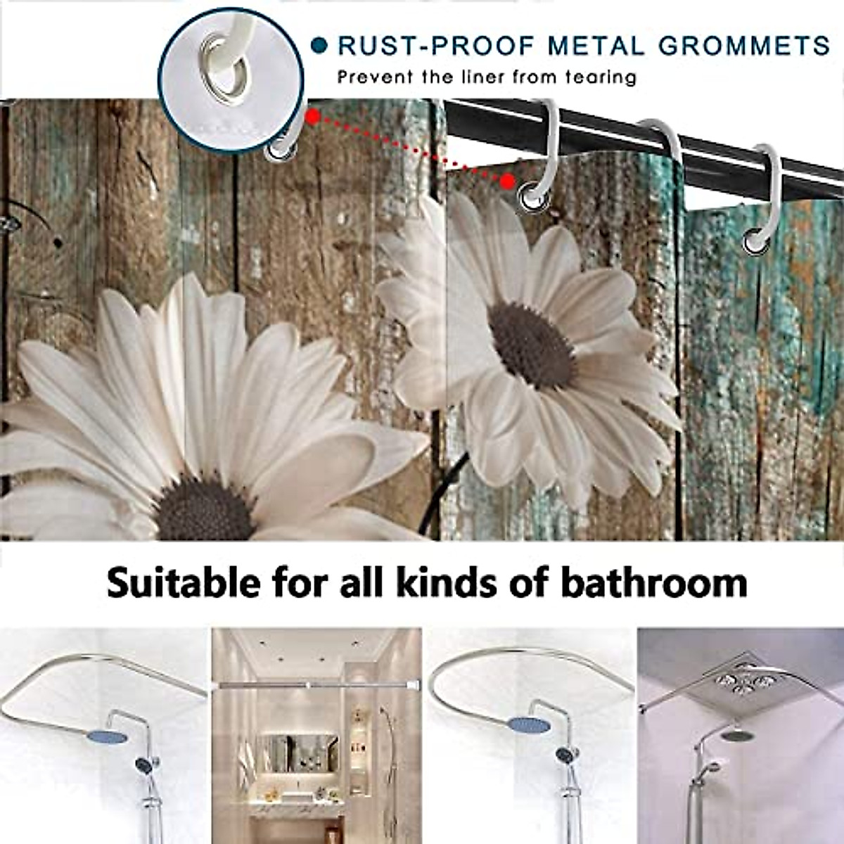 4 PCS Rustic Flower Shower Curtain Set with Non-Slip Rug,Toilet Lid Cover,U Shape Mat,Farmhouse Waterproof Fabric Shower?Curtains with 12 Hooks and Rug Mat Set for Bathroom,71''L