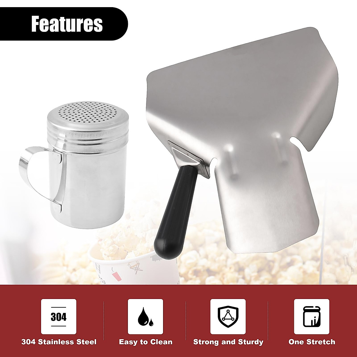 CNQLIS Popcorn Scoop and Salt Shaker, Stainless Steel Popcorn Scooper French Fry Scoop Serving Spoon for Filling Foods into Bags Boxs, Home Theater Popcorn Machine Accessories