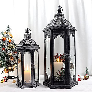 Set of 2 Outdoor Lantern 24.5"&18" High Decorative Candle Lanterns Metal Candle Holder with Tempered Glass Fall Decorations for Home Garden Patio Living Room Indoor Home Yard Hallway Doorway(Grey)