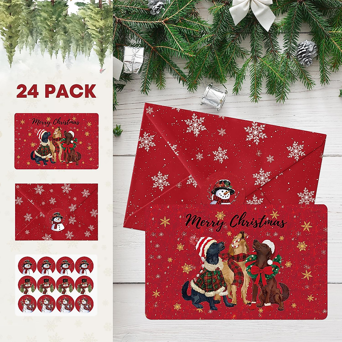 Artoid Mode 24 Pack Merry Christmas Thank You Cards Snowflake Dog Pet Greeting Cards Gift With Envelope Sticker Blank Note Cards for Birthday Wedding Baby Shower Bridal Shower, 4 x 6 Inch