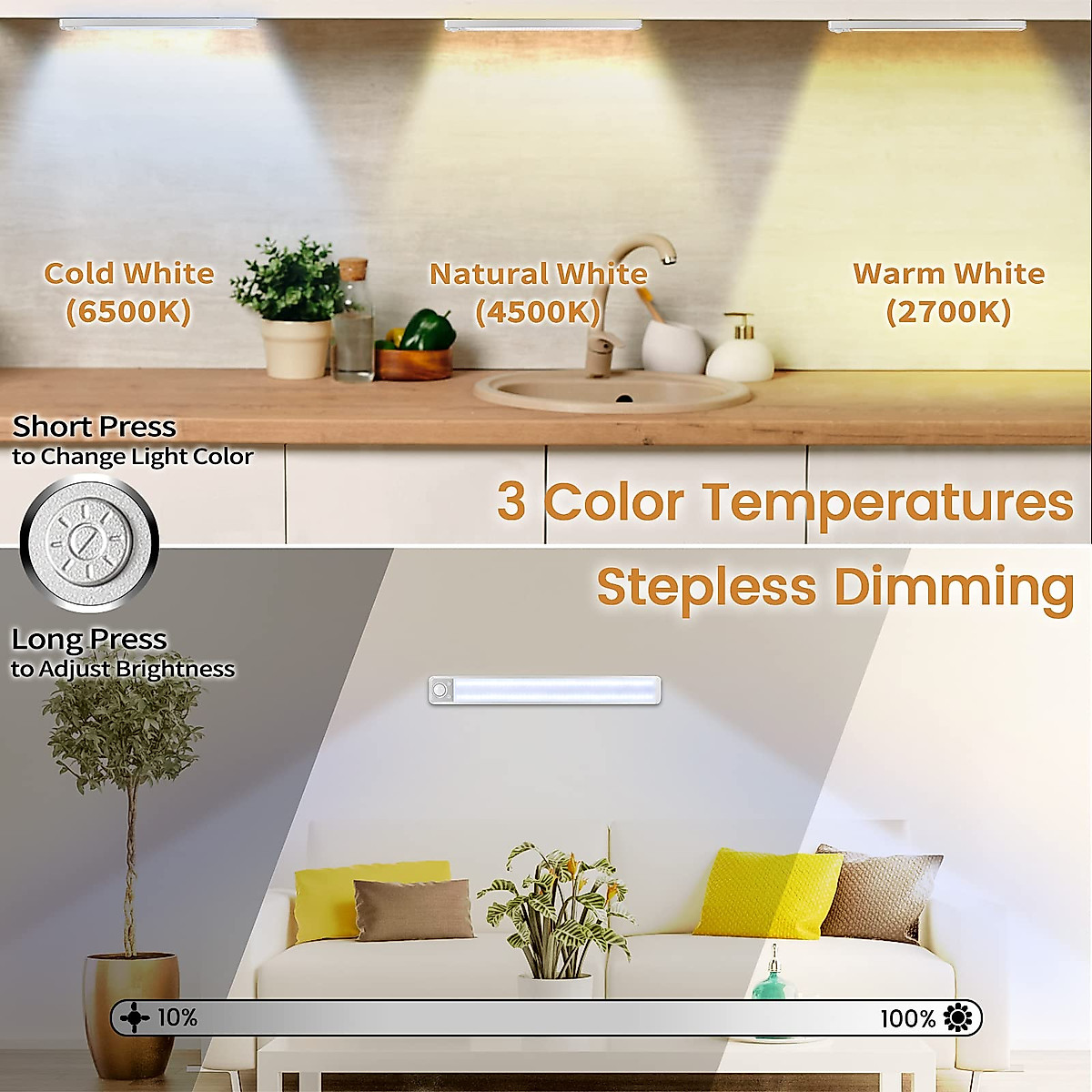 Under Cabinet Lights Rechargeable Under Counter Lights for Kitchen, 188 LED Closet Light Motion Sensor Light Indoor, Dimmable Magnetic Under Cabinet Lighting, 2-Pack