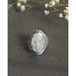 YoTreasure Rainbow Moonstone 925 Sterling Silver Hammered Bold Ring