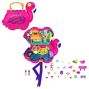 Polly Pocket Flamingo Party Large Compact Playset with 26 Surprises (Including Micro Margo & Friend Dolls), Pop & Swap Feature, Tropical Party Play Areas: Palm Tree Slide & Swing; Banquet; Water Area