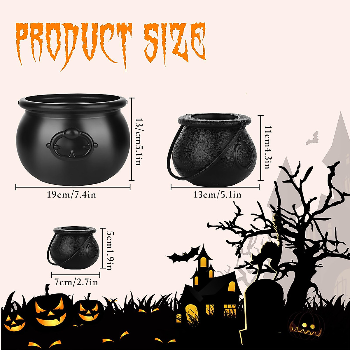 5 in 1(8.5", 5.5", 3pcs 2.8") Package Plastic Cauldron and Black Witches Cauldron,Halloween Decor Black Hanging Cauldron Candy Bucket for Holiday Trick or Treat Party and Patrick’s Day Decor