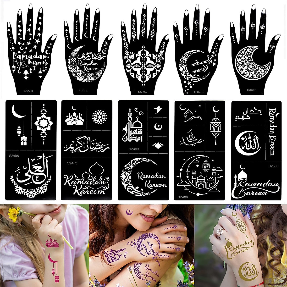 Xmasir 10 Sheets Henna Tattoo Stencil Kit Ramadan Tattoo Templates Eid Temporary Tattoos Stickers Reusable Set for Body Art Paint