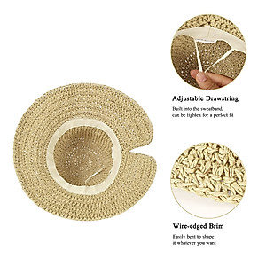 Floppy Straw Sun Hat Foldable Packable Wide Brim Summer Beach Hat Crochet Bucket Hat with Bow for Women (B Beige)