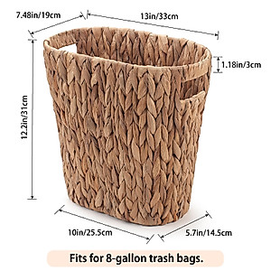 Bathroom Trash Can, Handwoven Wicker Trash Can with Handles for Bedroom, Living Roon, Kitchen, Bathroom and Office, Water Hyacinth Wicker Waste Basket, 1 Pack, 13"L x 7.5"W x 12.2"H, 3.2 Gallon