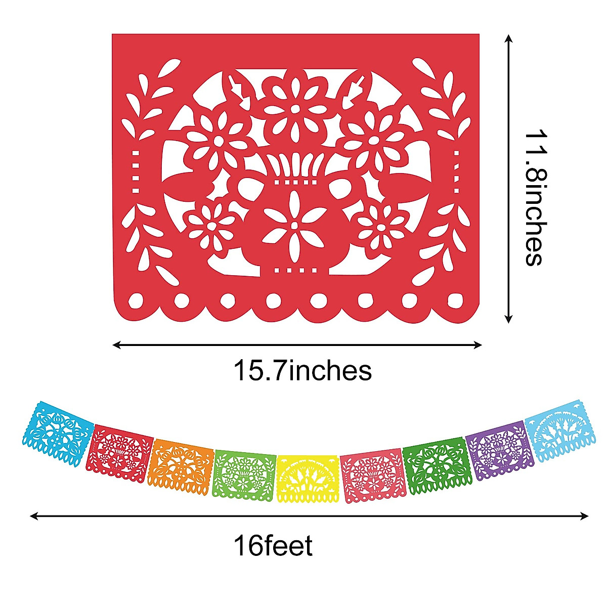 RUBFAC 2pcs Mexican Party Banner, 32 Feet Plastic Fiesta Banner Cinco de Mayo Dia De Los Muertos Decor Day of The Dead Papel Picado Decorations Mexican Fiesta Garland for Mexican Party Supplies