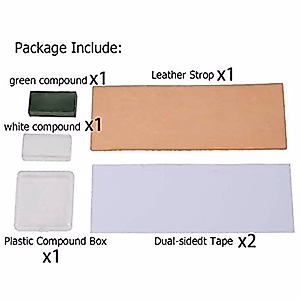 Double side 8" x 3" Leather Strop with Dual-sidedt Tape, Green & White Polishing Compound Kit for Honing & Sharpening Knives, Kitchen & Chef Knives, Straight razor, Wood Carving Chisels Brown