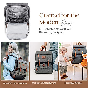 Citi Collective Nomad Grey Diaper Bag Backpack -Premium Vegan Leather- Compact Spacious Design With Insulated Pockets and Stroller Clips