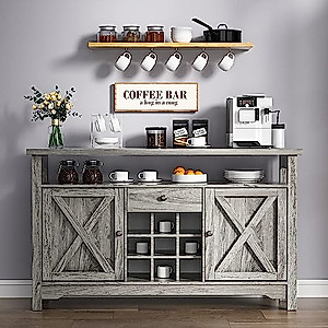 HOMBCK Wine Bar Cabinet, 47" Wine Cabinet with Barn Door, Wine and Glass Rack, Drawer, Adjustable Shelves, Farmhouse Wine Cabinet for Dining Room, Living Room, Washed Grey