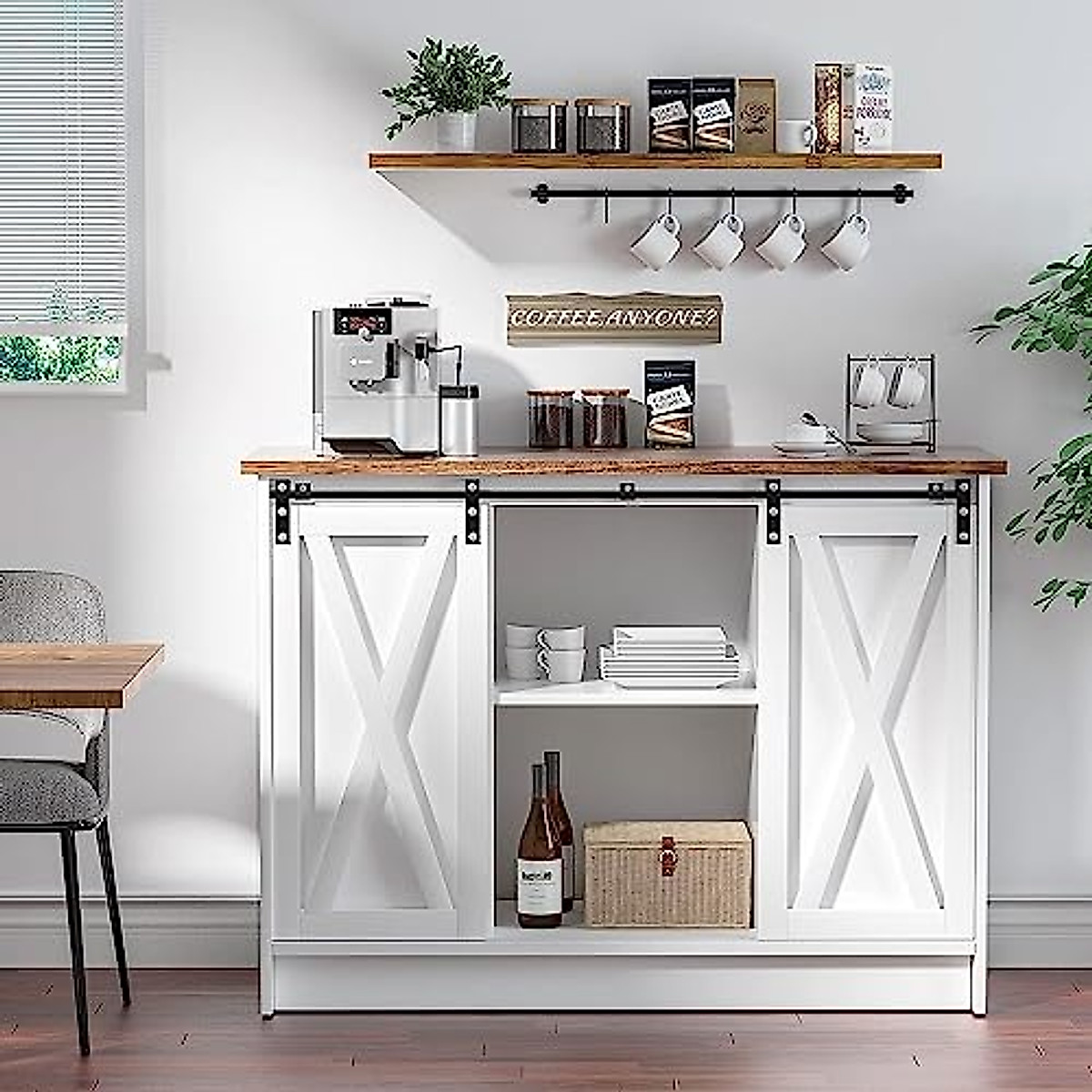 4 EVER WINNER Farmhouse Coffee Bar Cabinet, Kitchen Buffet Storage Coffee Cabinet Station Credenza Cupboard with Adjustable Shelf, Buffet Cabinet with Storage and Sliding Barn Doors, White
