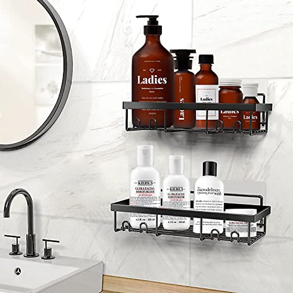 Shower Caddy Organizer & Soap Dish Holder Set, 4PCS with Removable Self Adhesive Hooks Shelf Basket Shelves for Shampoo Small Essentials Storage Bathroom Organization Kitchen Accessories Spice Racks
