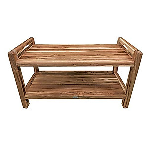 EcoDecors EarthyTeak Shower Bench Eleganto Wooden seat Garden Bench with LiftAide Arms 35" Long Natural Teak Patio Bench Wood Shower Bench for Indoor and Outdoor Use