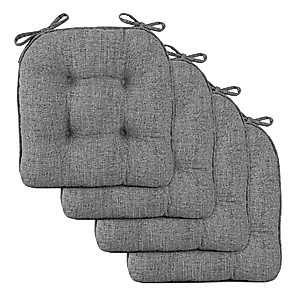 downluxe Indoor Chair Cushions for Dining Chairs, Tufted Overstuffed Textured Memory Foam Kitchen Chair Pads with Ties and Non-Slip Backing, 15.5" x 15.5" x 4", Dark Grey, 4 Pack