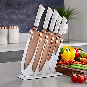 Tower T81534WR Kitchen Knife Set with Acrylic Knife Block, Stainless Steel with Soft Touch Handles, White Marble and Rose Gold, 5 Piece