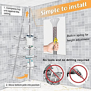 UIFER Corner Shower Caddy, Rustproof Shower Organizer Stainless Steel Tension Pole Shower Shelves, Height Adjustable 43 inch to 110 inch …