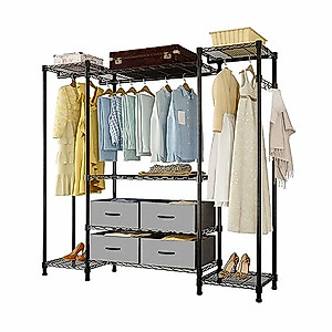Wekity Wire Garment Rack Heavy Duty Clothes Rack，Closet Organizer Metal Garment Rack Portable Clothes Hanger Home Shelf Fabric Drawers，Freestanding Closet Wardrobe (Black)