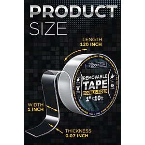 The Good Stuff Nano Double Sided Tape [1" x 10ft] - Reusable Double Sidestick Tape Heavy Duty, Strong Tape Heavy Duty for Mounting to Tiles, Wood, and Glass Walls, Rug and Carpet Tape
