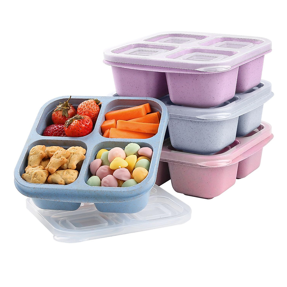 Snack Containers (4 Pack), 4 Compartments Snackle Box Container, Meal Prep Containers Reusable Lunch Containers for Adults, Microwave & Dishwasher Safe, Divided Bento Snack Box for Work, Travel