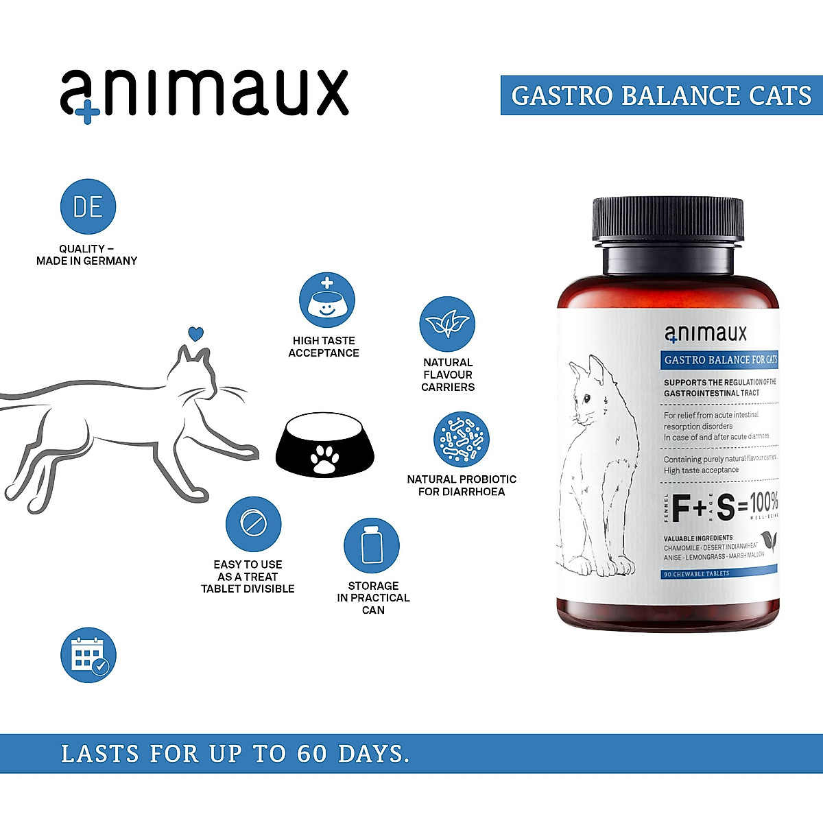 animaux - Gastro Balance for Cats, Supports Gastro-intestinal Tract, Prevents Diarrhoea, Constipation, Hairballs & Flatulence, supplementary probiotics, 90 chewable Tablets, 90 Days Supply