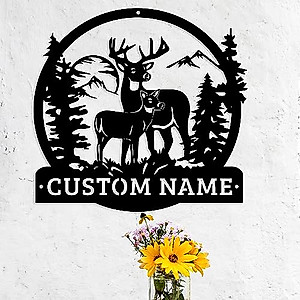 Lymnaraa Deer And Mountain Forest Metal Wall Art Custom Name Sign Outdoor Decor Deer Hunting Metal Wall Hanging Decor Personalized Gift for Family Friend Anniversary Wedding Gift