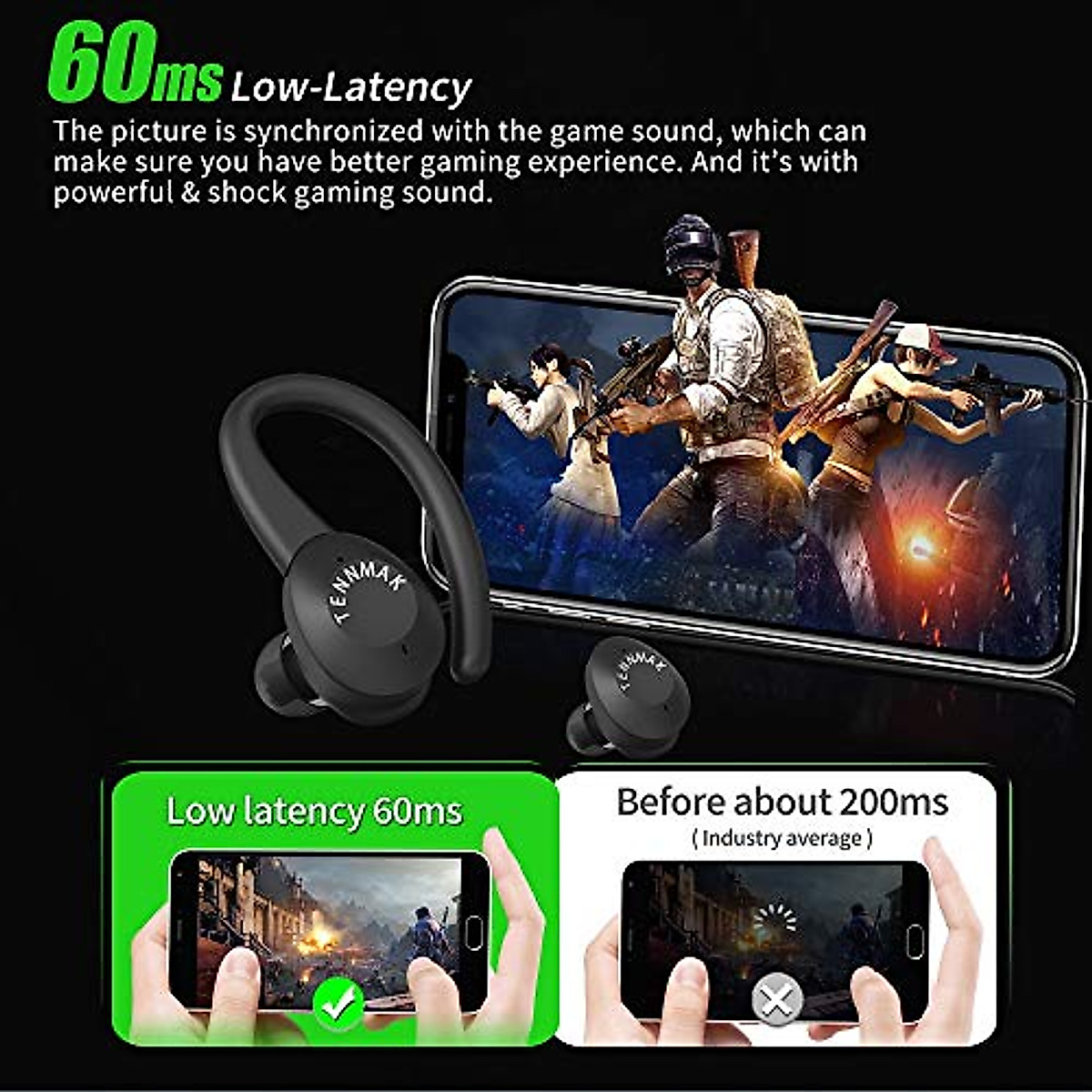 TENNMAK 2 in 1 Sport & Casual True Wireless Earbuds, SMARTPRO Bluetooth Headphones in Ear Wireless TWS Earbuds with Mic Earphones, Gaming & Music Mode /2EQ Sound/Volume Control / IPX5 Waterproof