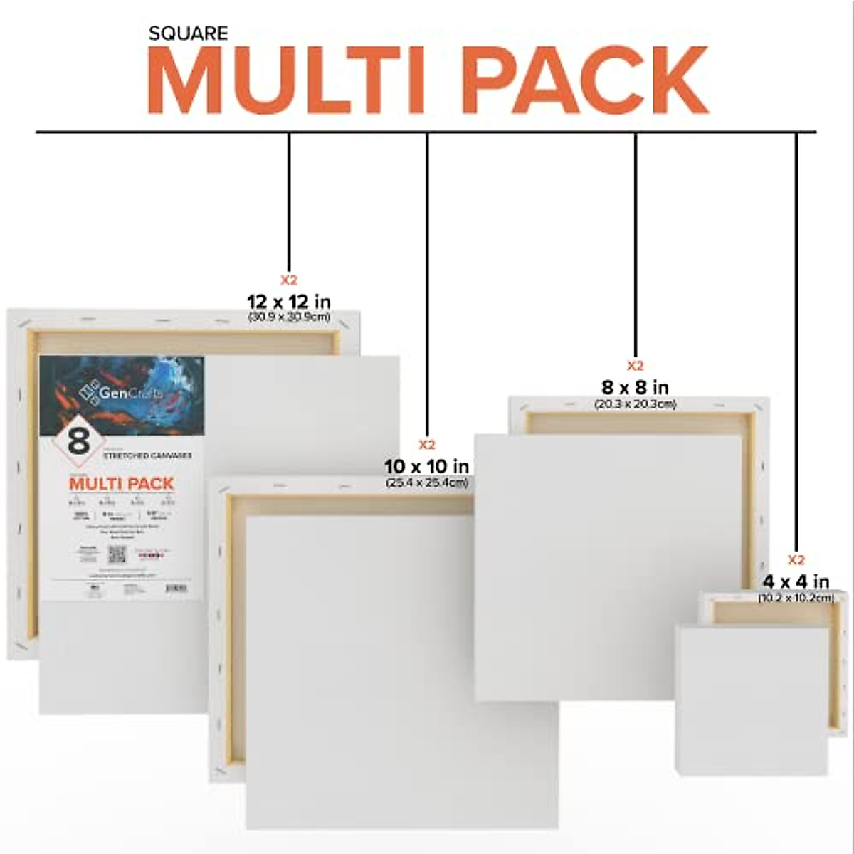 GenCrafts Stretched White Squared Canvas Multi Pack - 4x4, 8x8, 10x10, 12x12 (2 of Each) Set of 8 - Triple Primed - 100% Cotton - for Acrylic, Oil, Other Wet or Dry Art Media - Artists Grade