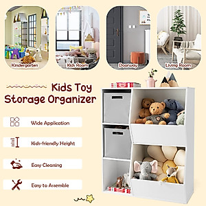 HONEY JOY 5 Cubbies Kids Toy Storage Organizer, Children Bookcase and Bookshelf w/2 Storage Boxes, Wooden Muti-Bins Toy Storage Display Cabinet for Playroom, Nursery, Daycare, Kindergarten