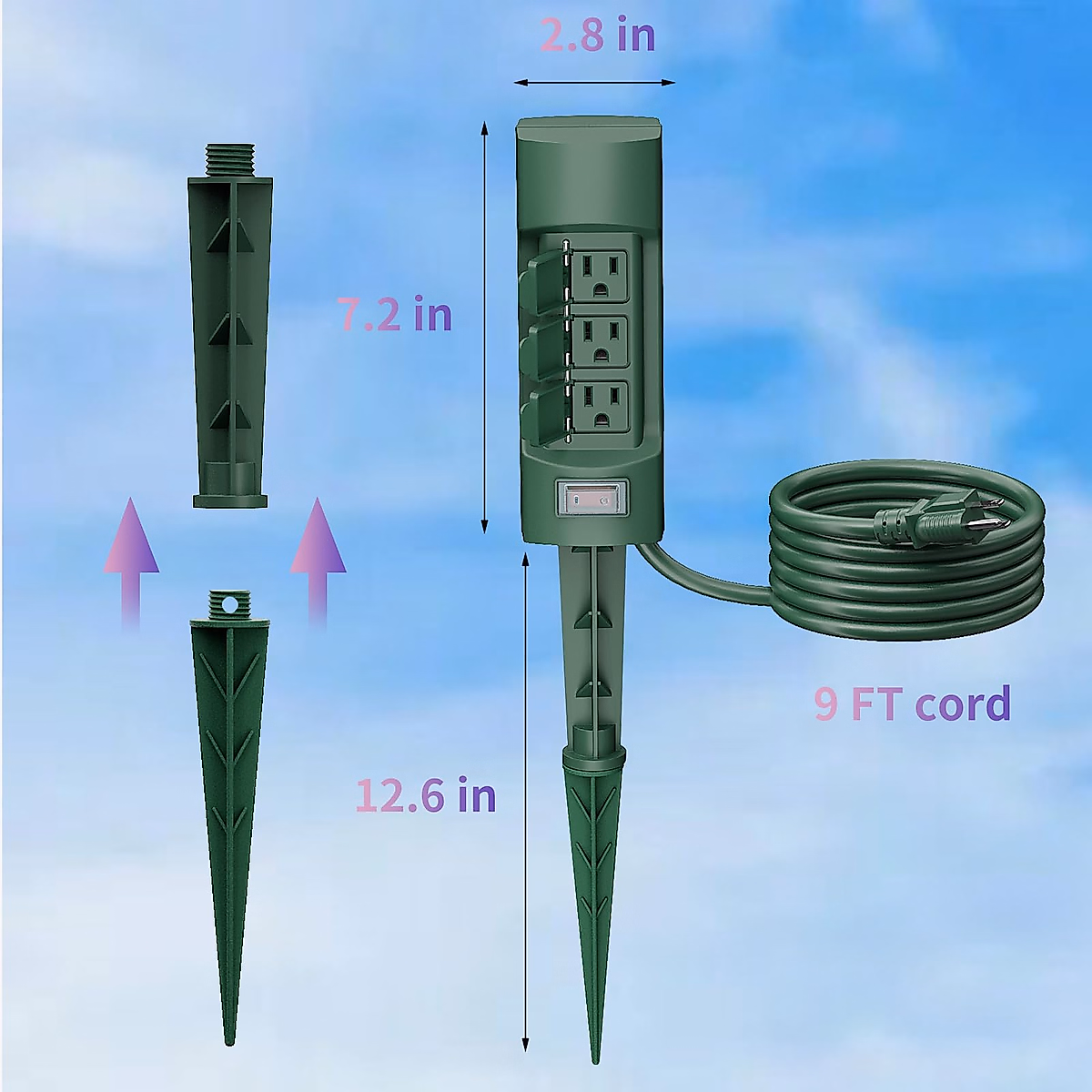 K KASONIC Outdoor Power Stake, Kasonic 6-Outlet 9 ft Extension Cord Power Strip, Double Sided with Weatherproof Safety Flip Covers, ETL Certified Multi-Outlets (Outdoor)