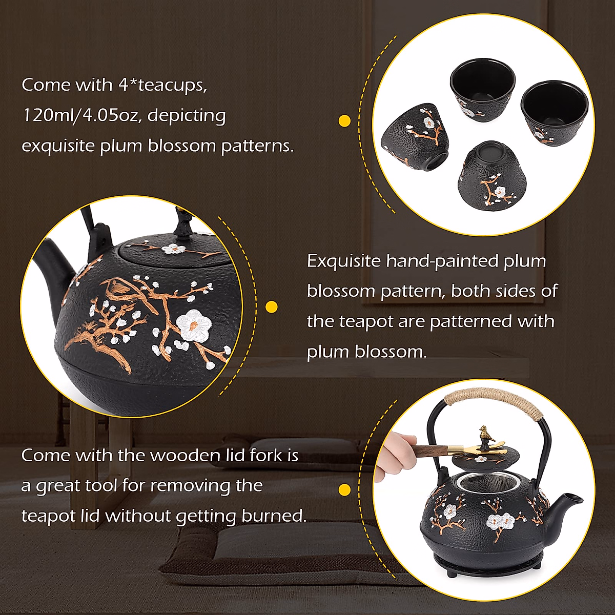 Dyna-Living Cast Iron Teapot Japanese Tea Kettle Set 1200ml/40.6oz Japanese Cast Iron Teapot Set with 4 Tea Cups Japanese Style Tea Pot with Infuser Cast Iron Tea Kettle for Tea Lover