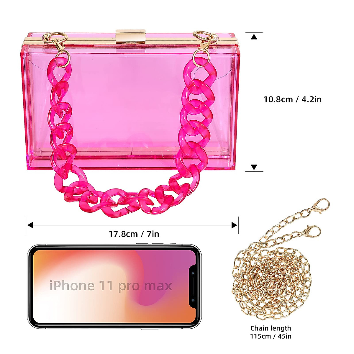 WJCD Women Clear Purse Acrylic Box Clutch Handbag, Small Transparent Crossbody Evening Bag Stadium Approved Gold Chain Strap (Purple 2 chains)