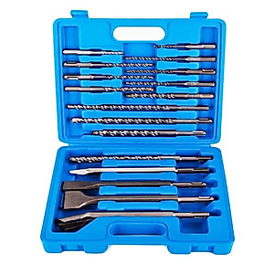 tonchean Rotary Hammer Drill Bits Set 17 PCS SDS Plus 40Cr Carbon Steel Concrete Masonry Chisel Set with Storage Carrying Case - 4 Flutes Drill Bit Carbide Tipped for Brick, Stone and Concrete