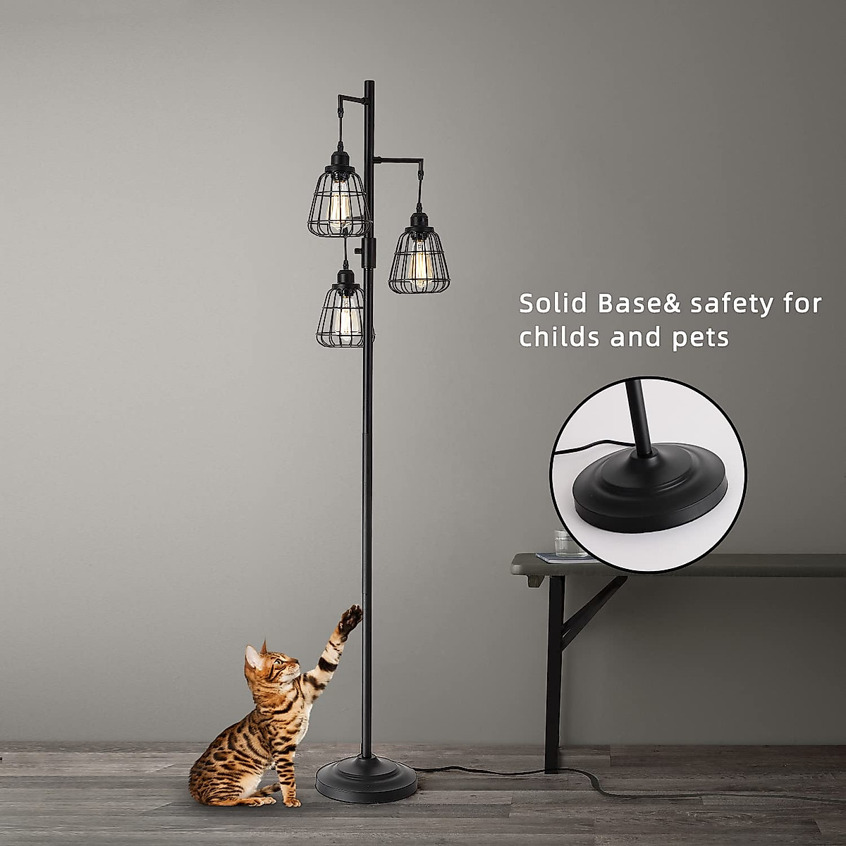 9MMML 68” Living Room Floor Lamp, Industrial Farmhouse 3 Teardrop Cage Standing Lamp,Black Tall Floor Lamp for Bedroom Office, 3 LED Edison Bulbs Included