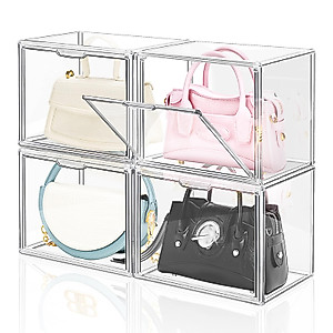 DILIBRA 4 Packs Clear Plastic Handbag Storage Organizer for Closet, Acrylic Display Box for Handbag, Stackable Storage Boxes Bag Organizer with Magnetic Door for Small Purse Clutch Wallet Book Toys