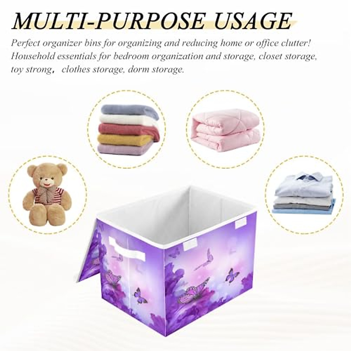 DIGTIA Storage Bins with Lids Butterfly Hydrangeas Purple Foldable Storage Boxes with Handles Spring Large Storage Basket Collapsible Organizer Containers for Closet Home Bedroom Office
