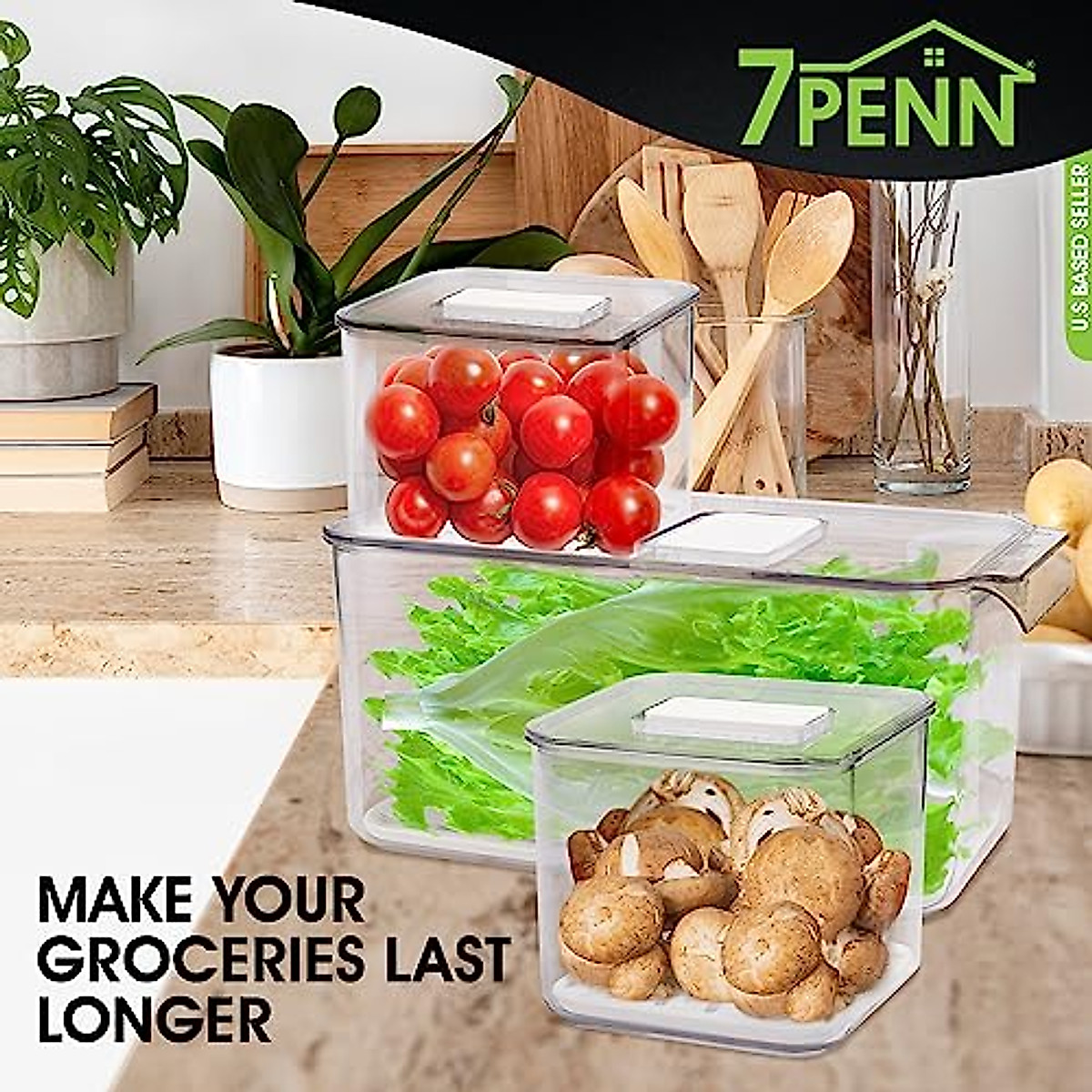 7Penn Produce Storage Containers for Refrigerator 3 Pack with Lids - Stackable Acrylic Fruit and Vegetable Keeper Bins for Fridge - Clear Stay Fresh Cube Produce Saver Set for Lettuce, Berries, Apples