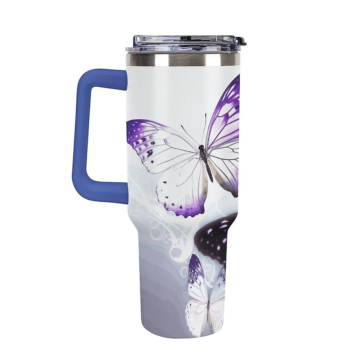 40 Oz Vacuum Tumbler with Deep Blue Handle Leakproof Insulated Tumbler White Purple Butterflies Stainless Steel Travel Mug with Lid And Straw Coffee Cup Cute Water Bottles Cup Holder Friendly