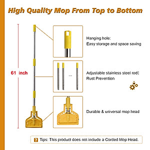 Mop Handle, 61" Wet Mops Heavy Duty Loop-end String Mop Head Surface Floor Cleaner with Stainless Steel Hard Pole Commercial Industrial Grade Mop