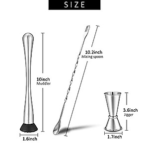 Stainless Steel Muddler for Cocktails,Mixing Spoon and Measuring Jigger,Professional Bar Tools,10-inch Bar Muddler for Making Mojitos,Margaritas and Other Fruit Based Drinks.