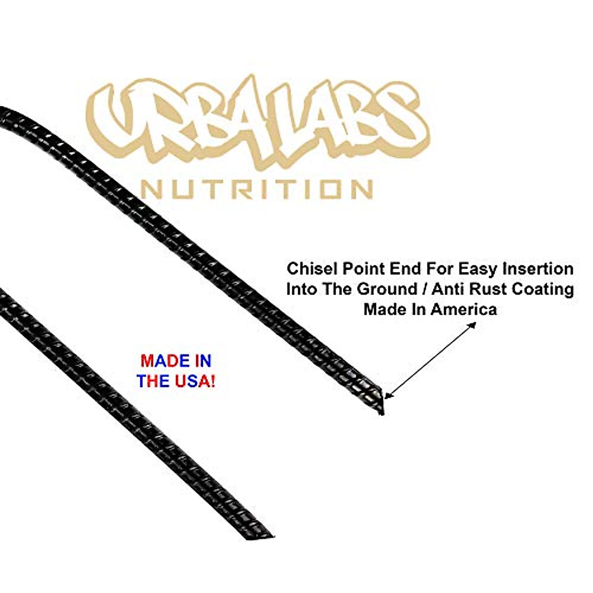 Urbalabs Nutrition 12 Inch Rebar Trampoline Stakes (6 Pack) Extra Heavy Duty Metal Steel High Wind Ground Anchors 3/8 Inch Round Chisel Point Tips Universal Size Anti Rust in Black