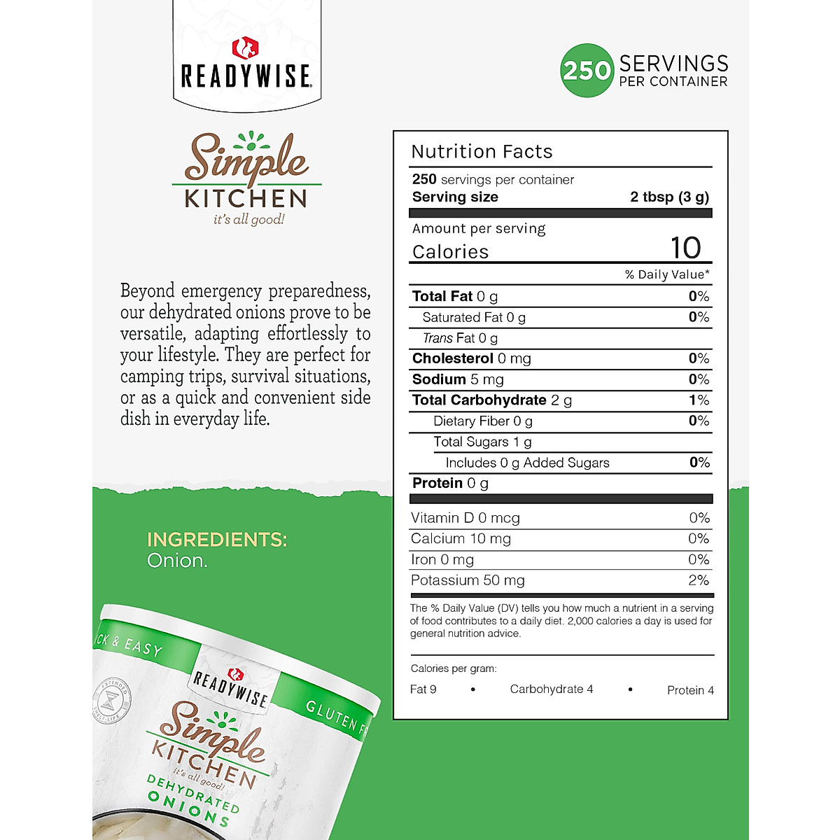 READYWISE -Simple Kitchen, Dehydrated Chopped Onions, 250 Servings, MRE, Emergency Food Supply, Gluten Free, Onions, Canned Vegetables, Diced Onions, Freeze Dried Food, Camping, Survival Food, 10 Can