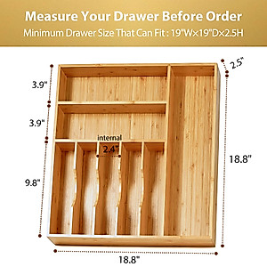 Umilife Large Kitchen Drawer Organizer, 19"x19" Silverware Utensils Organizer, 2.5" High for Large Deep Drawers, Bamboo Flatware Holder with Thick Frames, Sturdy Kitchen Organization Tray