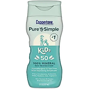 Coppertone Pure and Simple Kids Sunscreen Lotion, Zinc Oxide Mineral Sunscreen for Kids, Tear Free, Broad Spectrum SPF 50 Sunscreen, 6 Fl Oz Bottle
